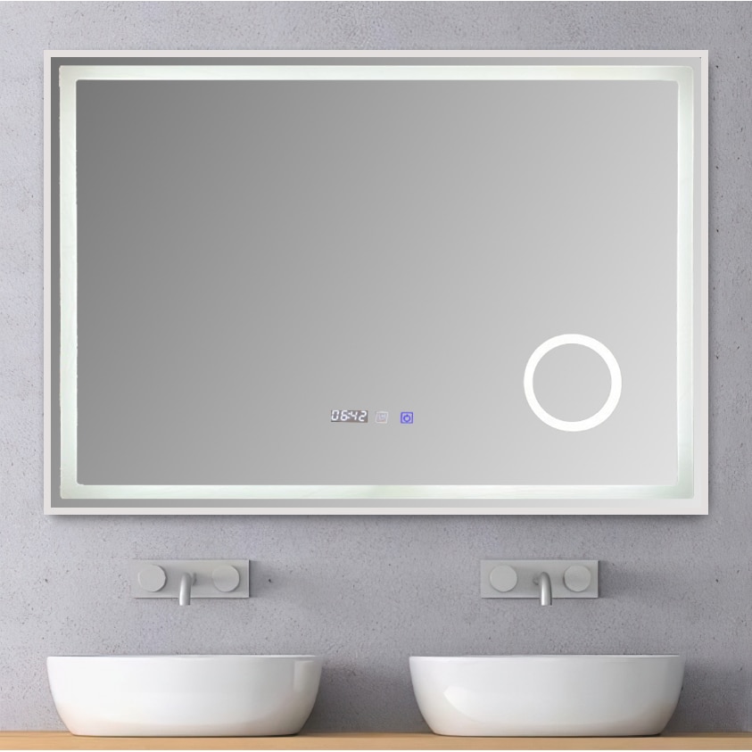 Oglinda cu iluminare led 100×70 cm cu ceas, dezaburire si lupa, rama ...