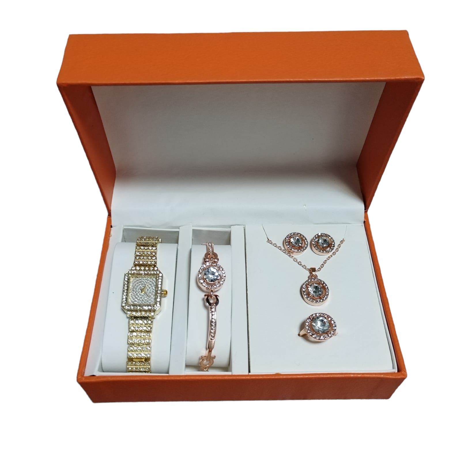 Set Ceas Dama Auriu cu strasuri, bratara, cercei si colier cu pandativ ...