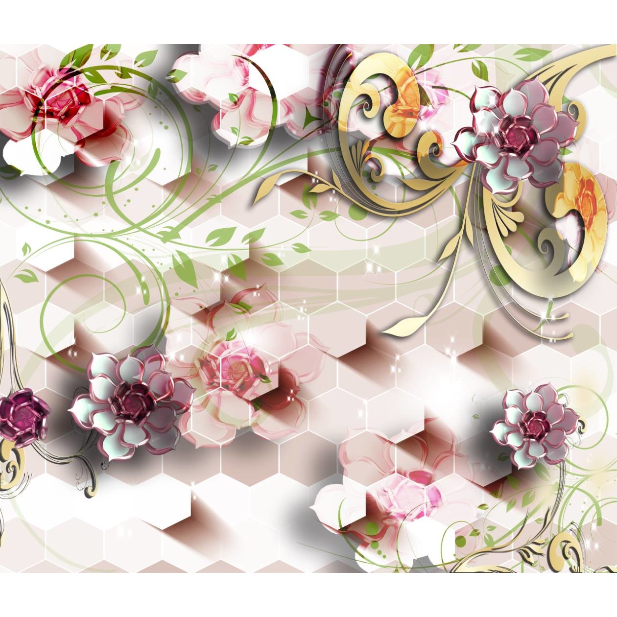 Sticker perete - Flori Colorate Si Hexagoane 3d Abstract, 120x80 cm ...