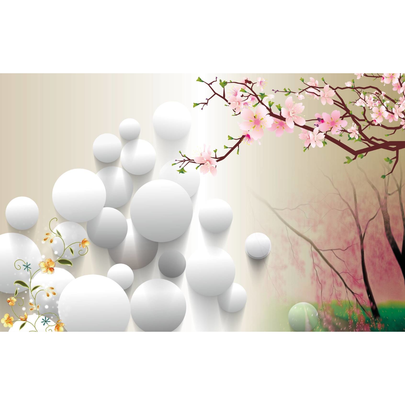 Sticker perete - Sferele Si Ramura De Copac 3d Abstract, 120x80 cm ...