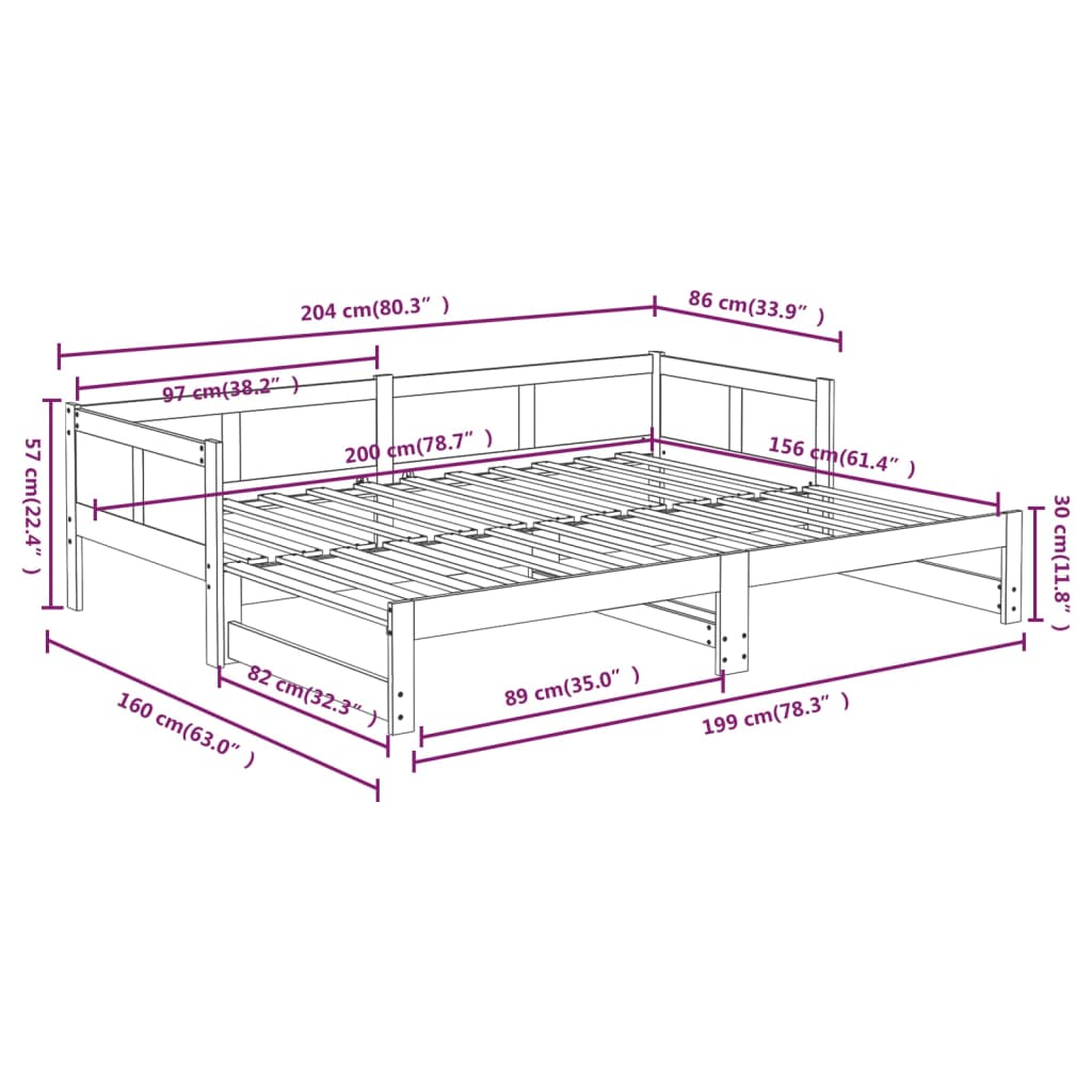 Pat extensibil de zi vidaXL, negru, 2x(80x200) cm, lemn masiv pin - eMAG.ro