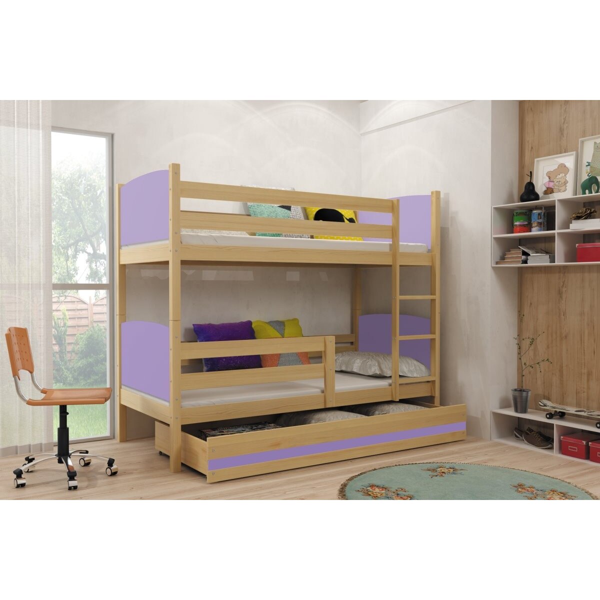Pat suprapus pentru 2 copii Tami, 80x190 cm, Pine / Violet, lemn masiv ...