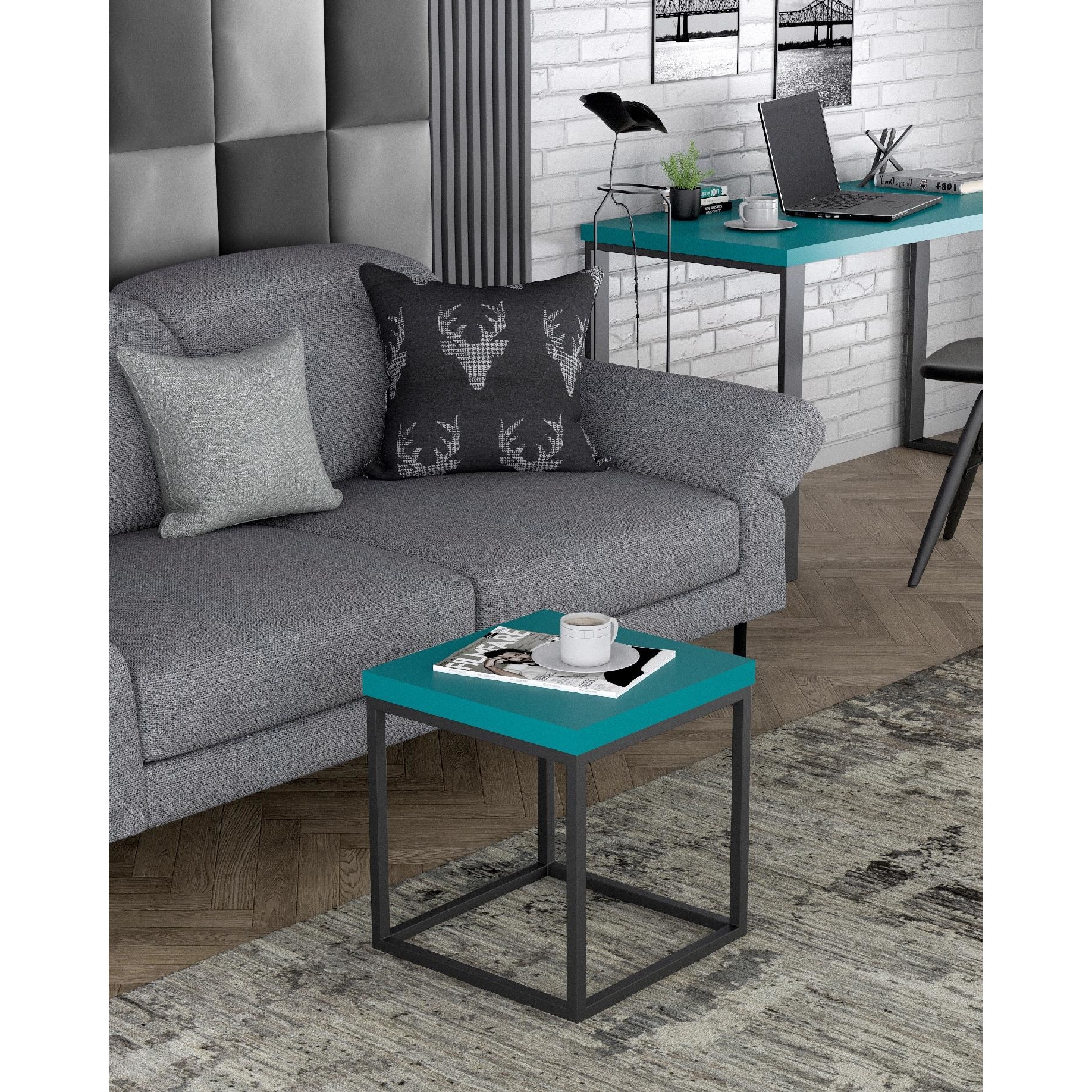 Masuta de cafea, Metal/PAL, 40x40 cm, Turcoaz/Negru - eMAG.ro