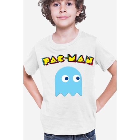 Тениска Детска Pac Man Blue Ghost Monster Logo, Бял, Размер 128-134 см ...