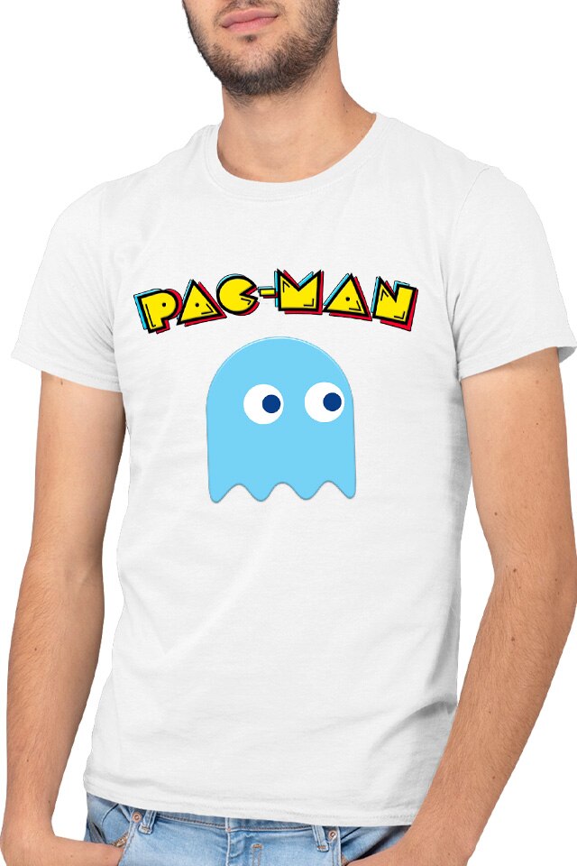 Мъжка тениска Pac Man Blue Ghost Monster Logo, Бял, Размер L - eMAG.bg