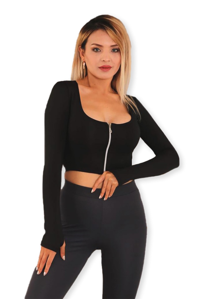 Bluza crop Catryna, cu fenta pentru deget si fermoar, Negru, Marimea S ...