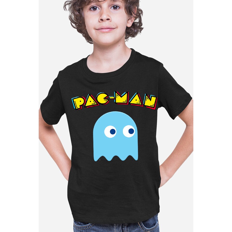 Тениска Детска Pac Man Blue Ghost Monster Logo, Черен, Размер 140-146 ...