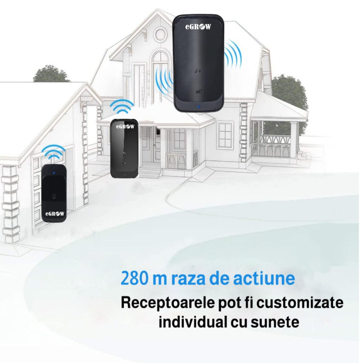 Sonerie Wireless eGROW, Fara fir, Distanta 280m, 38 Melodii, Rezistenta ...