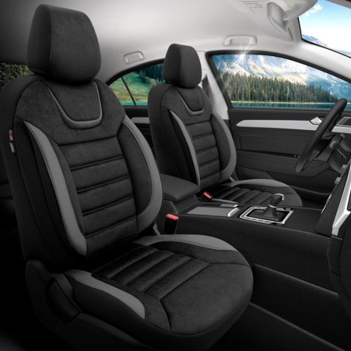 Set huse scaun auto iconic Alcantara negru-gri, Otom - 11 buc - eMAG.ro