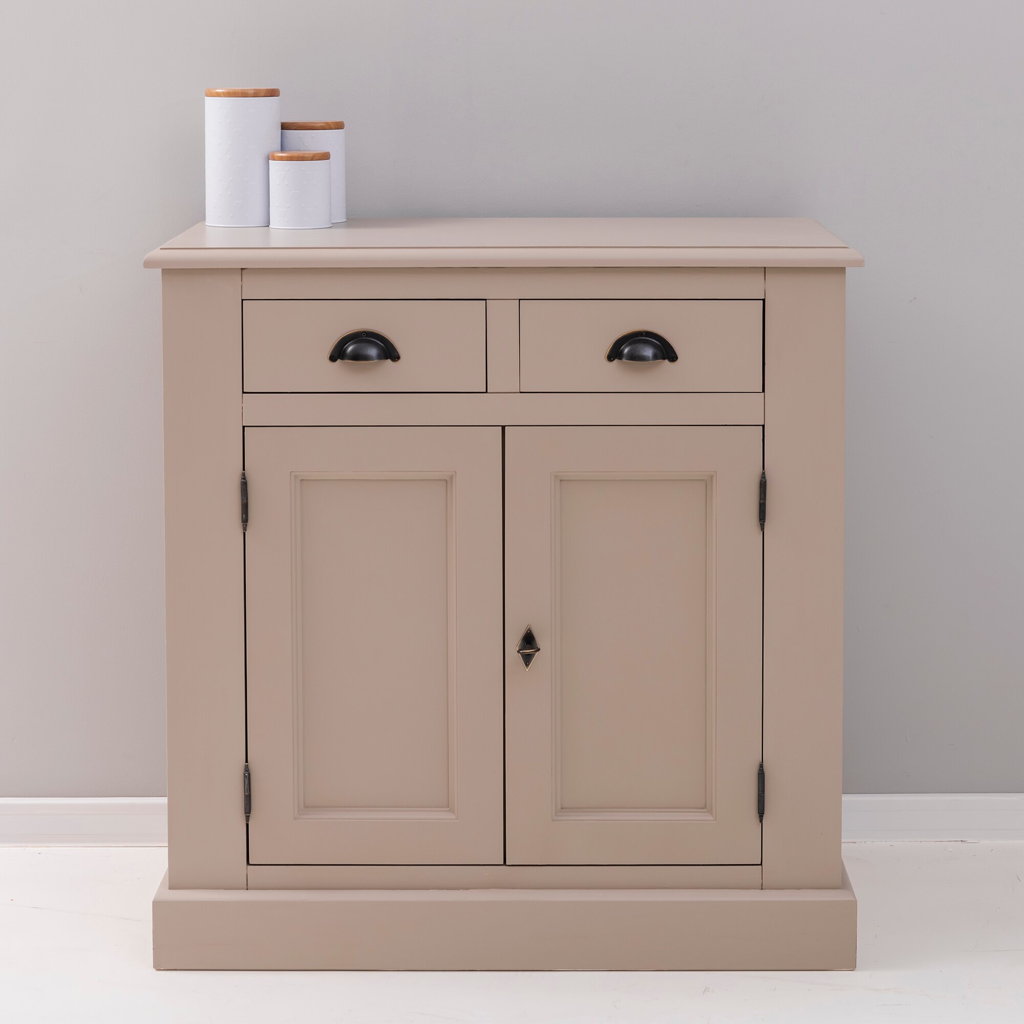 Bufet cu 2 usi, 2 sertare, vopsit, culoare bej, 100% lemn masiv ...