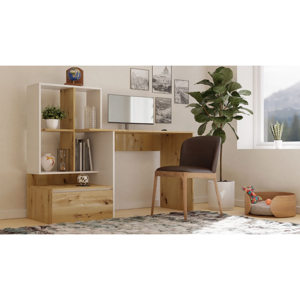 Birou cu rafturi, 145x 51 x 111 cm, Stejar Artisan, TEBIAR106 - eMAG.ro