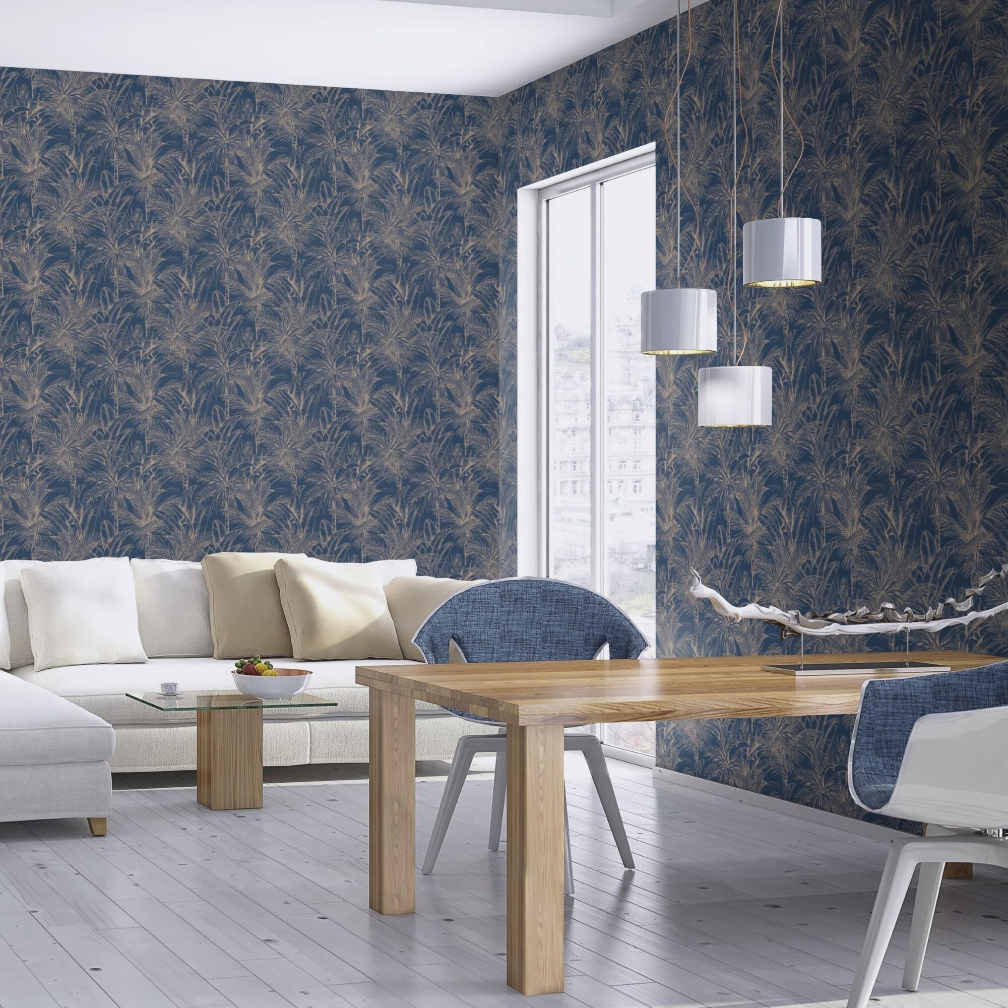 Tapet vinil jungle, model vegetal, albastru/auriu, rola 10 x 0.53 m ...