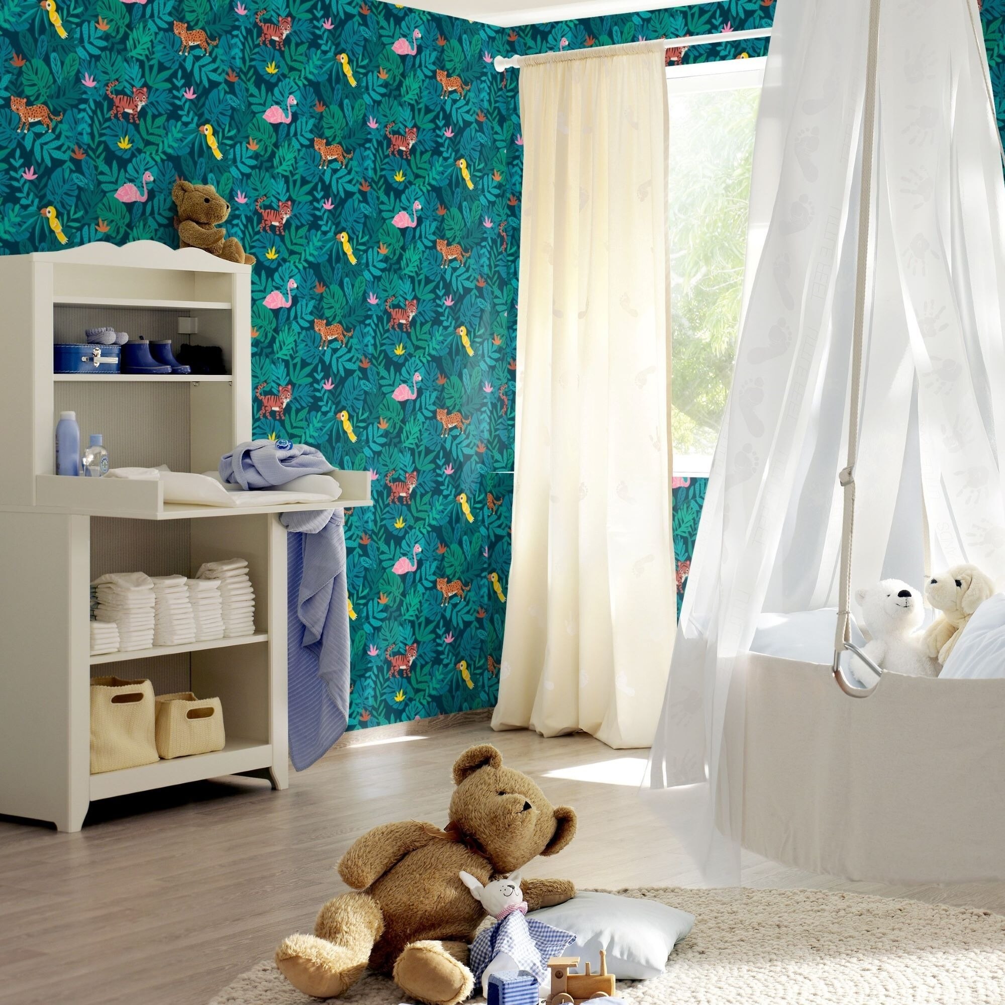 Tapet vinil pentru camera copii, model vegetal jungla, albastru, rola ...