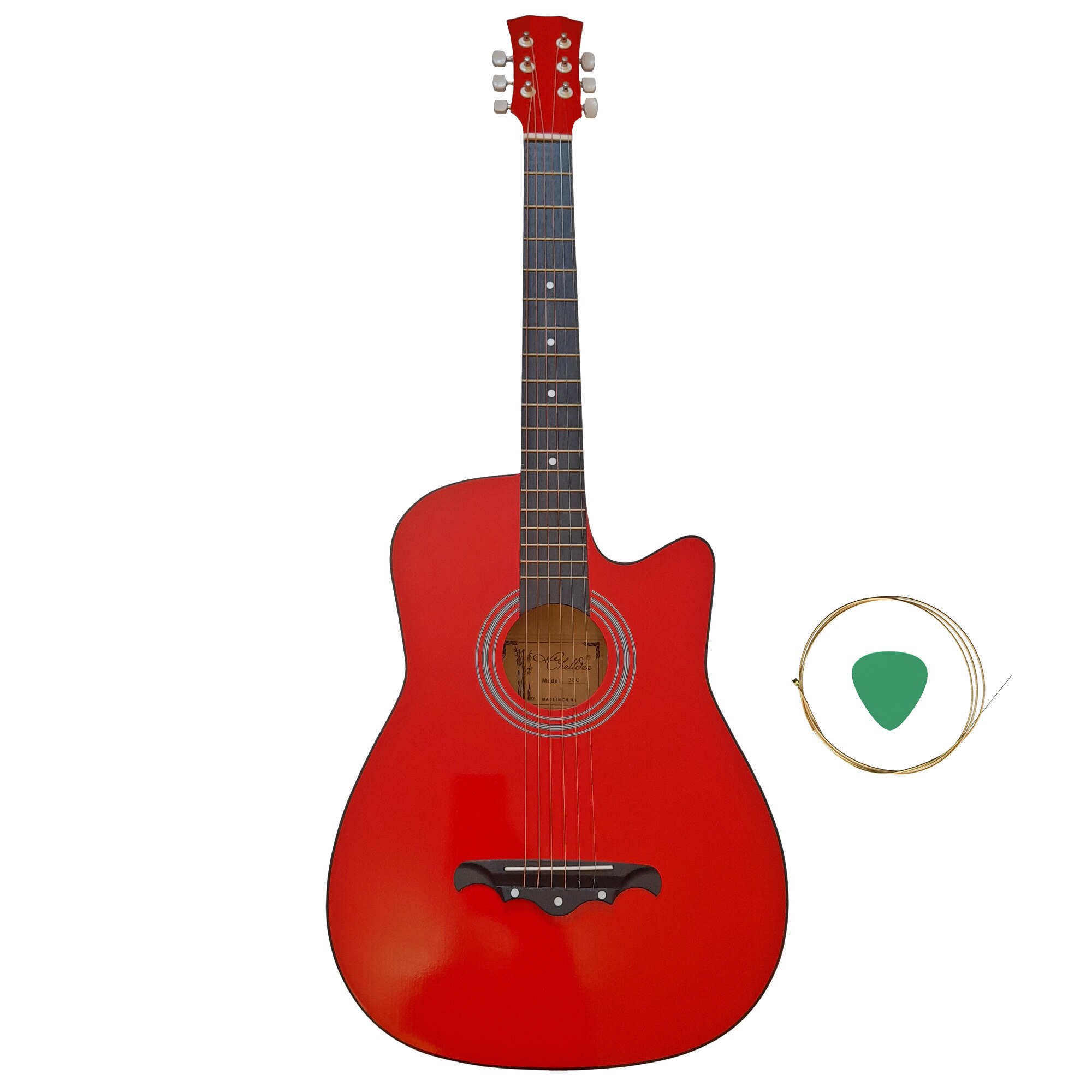 Chitara clasica din lemn IdeallStore®, Red Raven, 95 cm, model Cutaway, rosie, pana inclusa ...