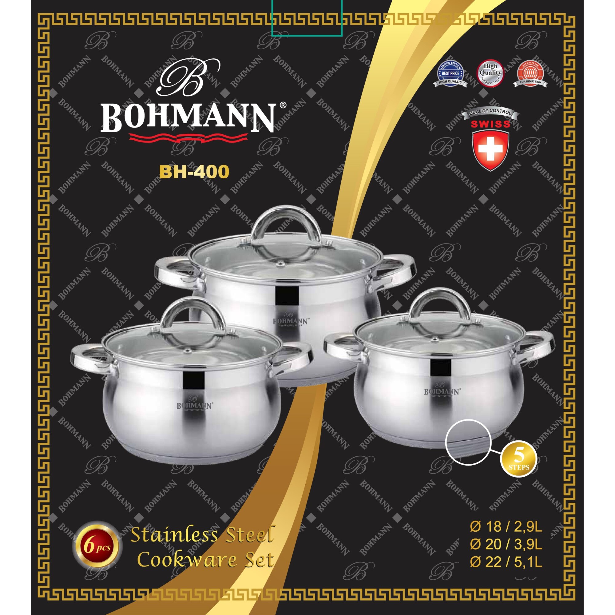 Комплект съдове за готвене Bohmann BH 400, Неръждаема стомана, 6 части ...