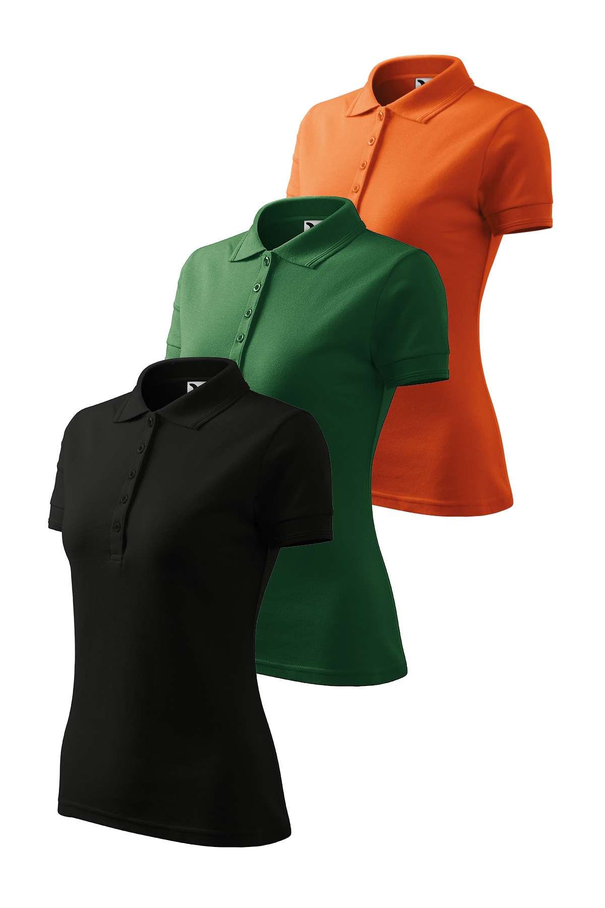 Set 3 tricouri polo de dama, Malfini, Pique Polo, Negru/Verde sticla ...