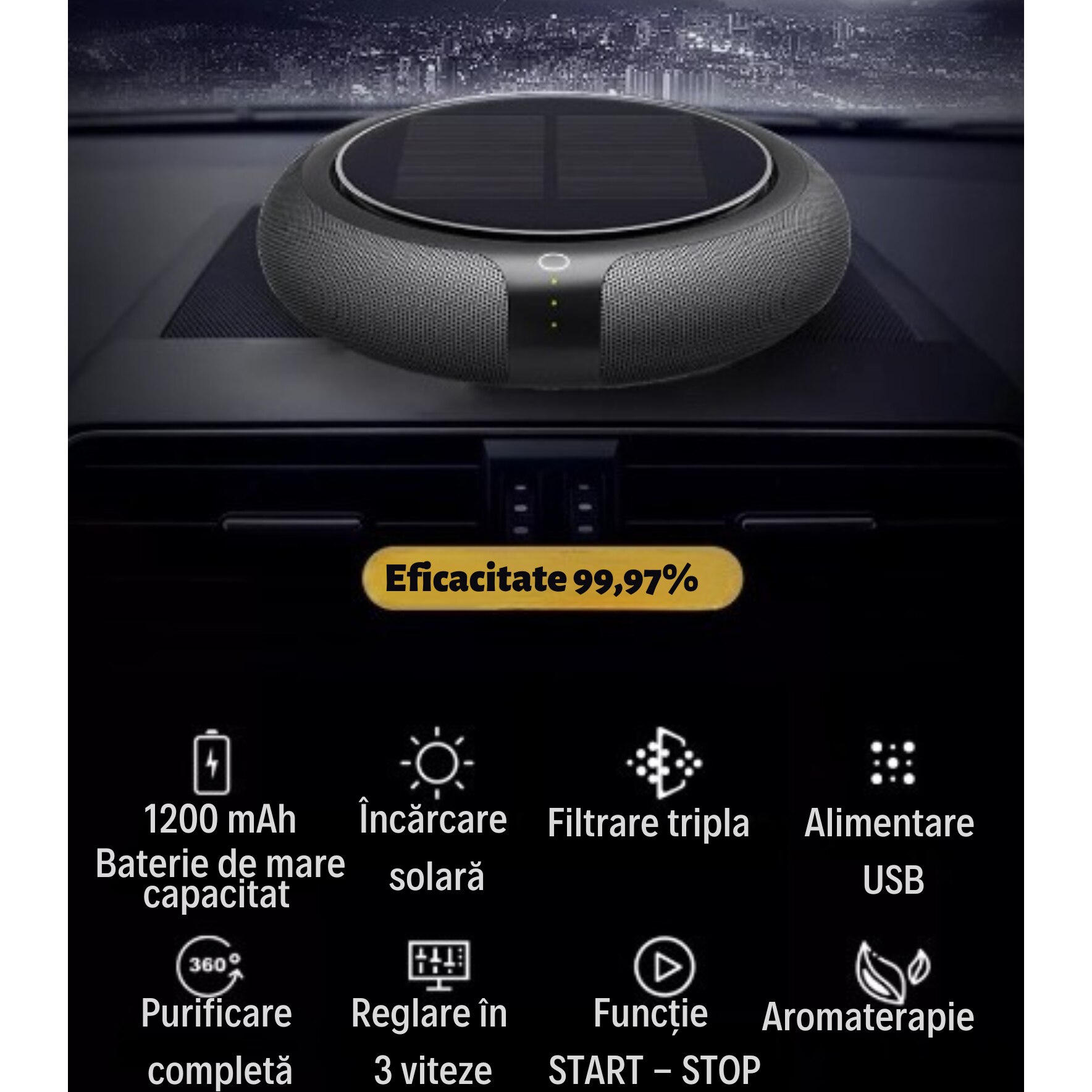 Purificator de aer auto reincarcabil cu energie solara si port USB ...