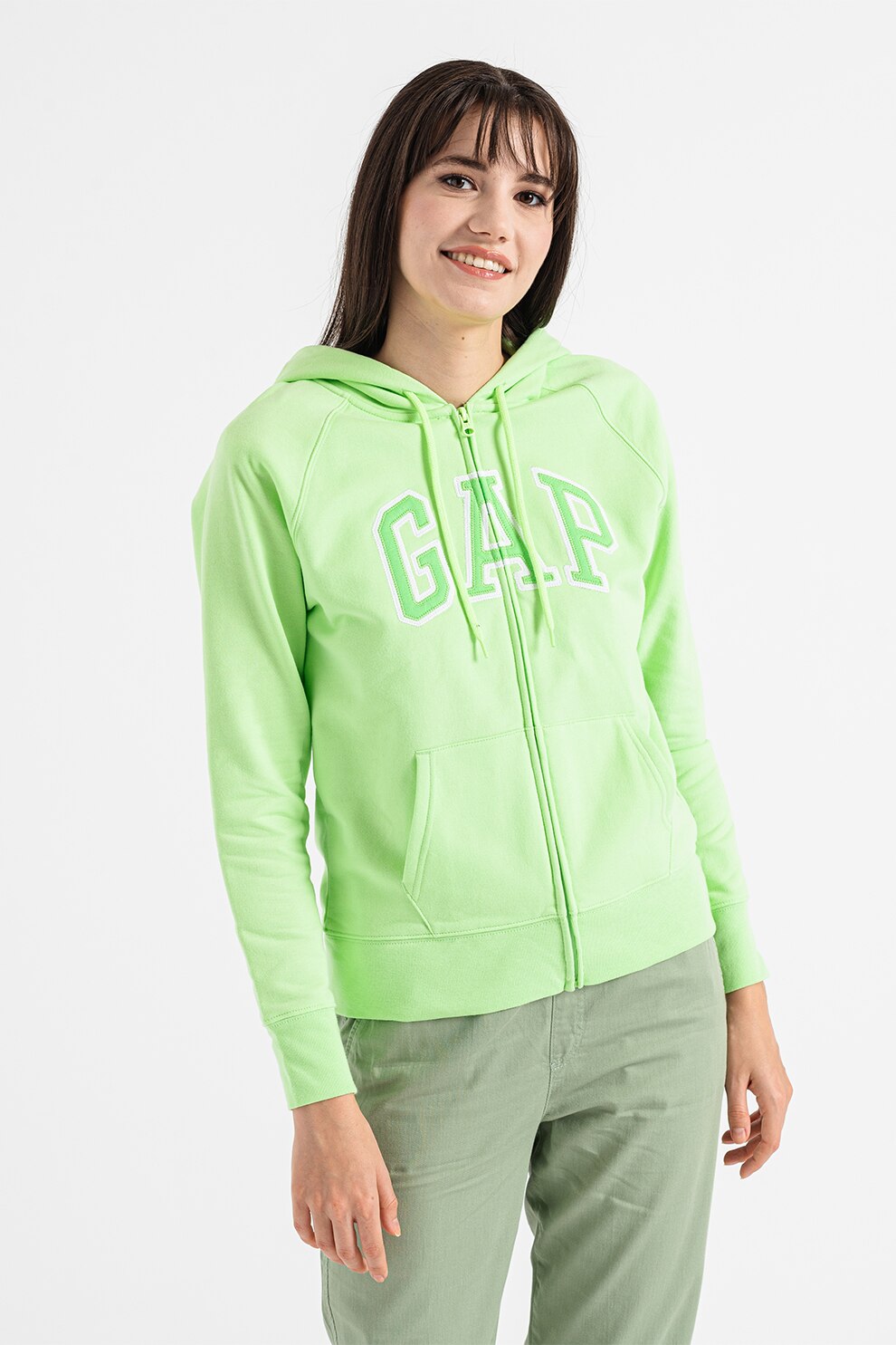 GAP, Худи с цип и пришито лого, Бял, Неоново зелено, S - eMAG.bg