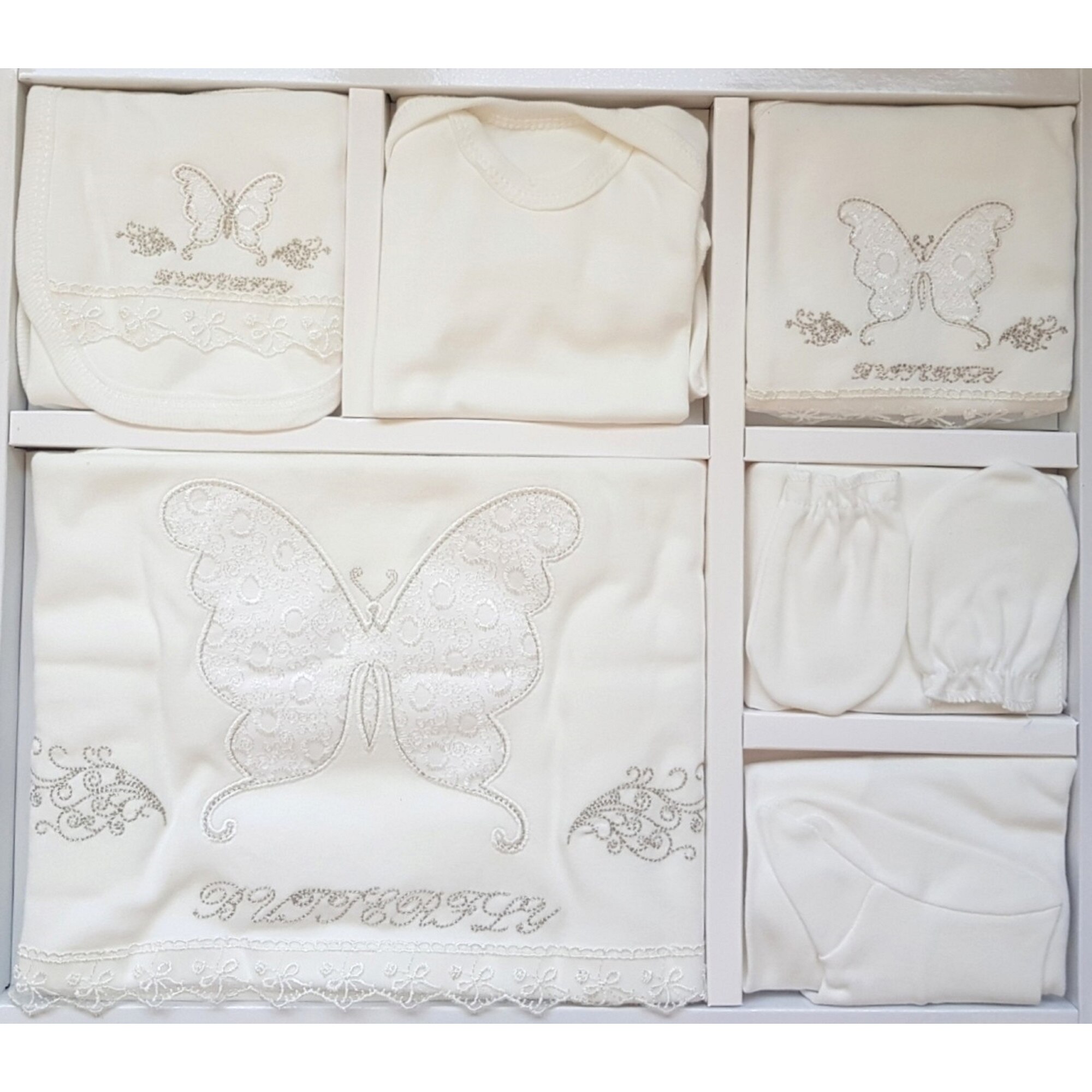 Set 10 piese nou-nascut fetite, bumbac 100%, model cu broderie Fluture ...