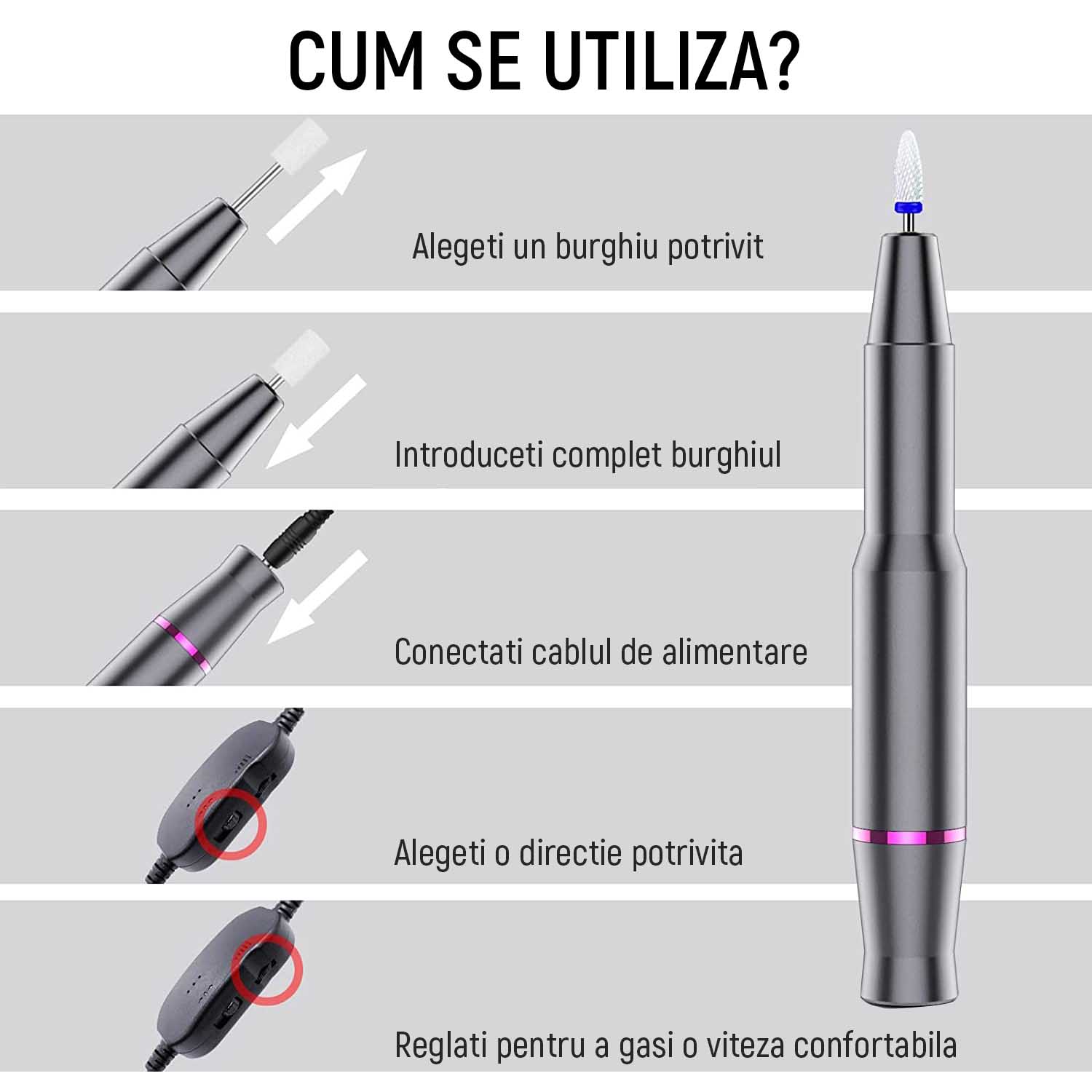 Freza de unghii manichiura-pedichiura, Vaxiuja, 12 in1, Pila electrica ...