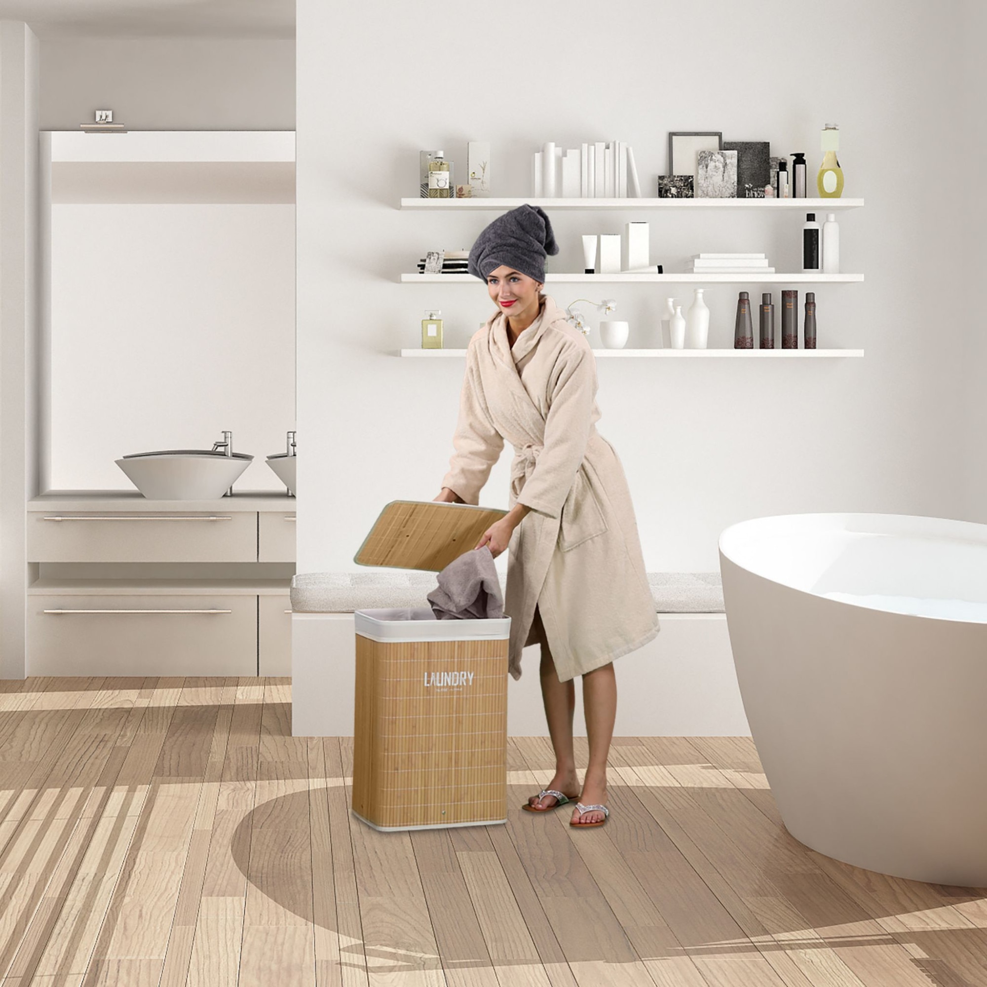 Cos de rufe din bambus, Relaxdays, natur, 60 l, 60 x 40 x 30 cm - eMAG.ro