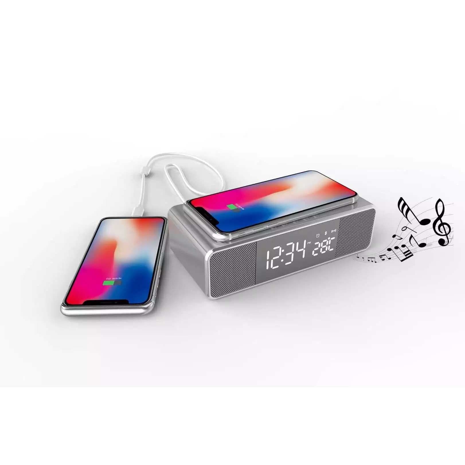 Radio cu ceas, statie incarcare wireless, LED, Bluetooth, Alarma ...