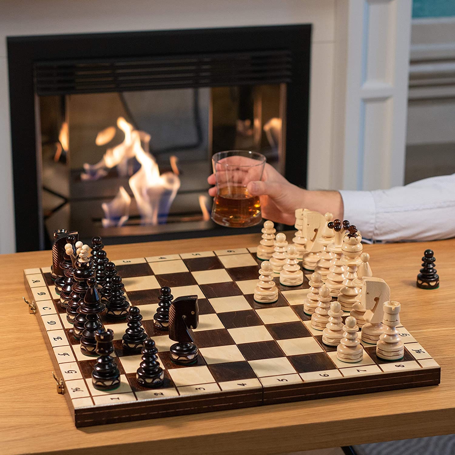 Set de sah Master of Chess, Clasic, 50 x 50 cm, Lemn, Alb, Maro, Verde ...