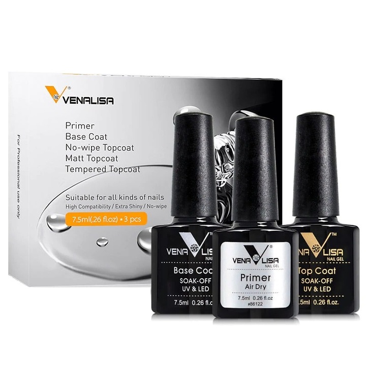 Set Venalisa Primer, Base Coat, Top Coat, 7.5 ml, 3 piese - eMAG.ro