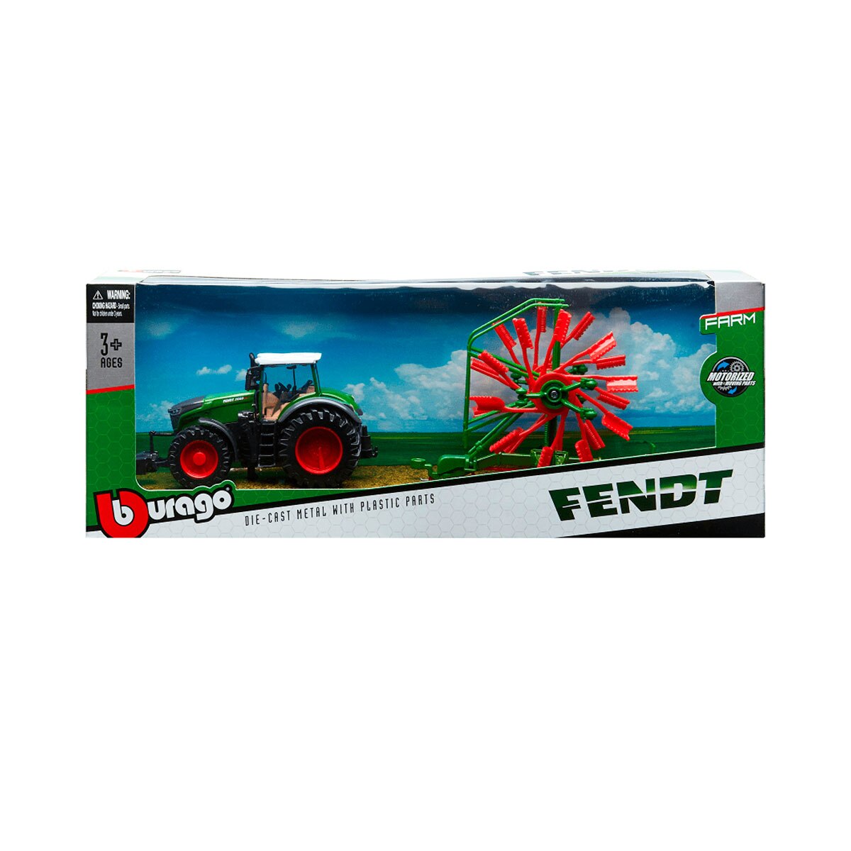 Macheta auto Bburago, tractor Fendt 1050 Vario cu greble rotative 1:32 ...