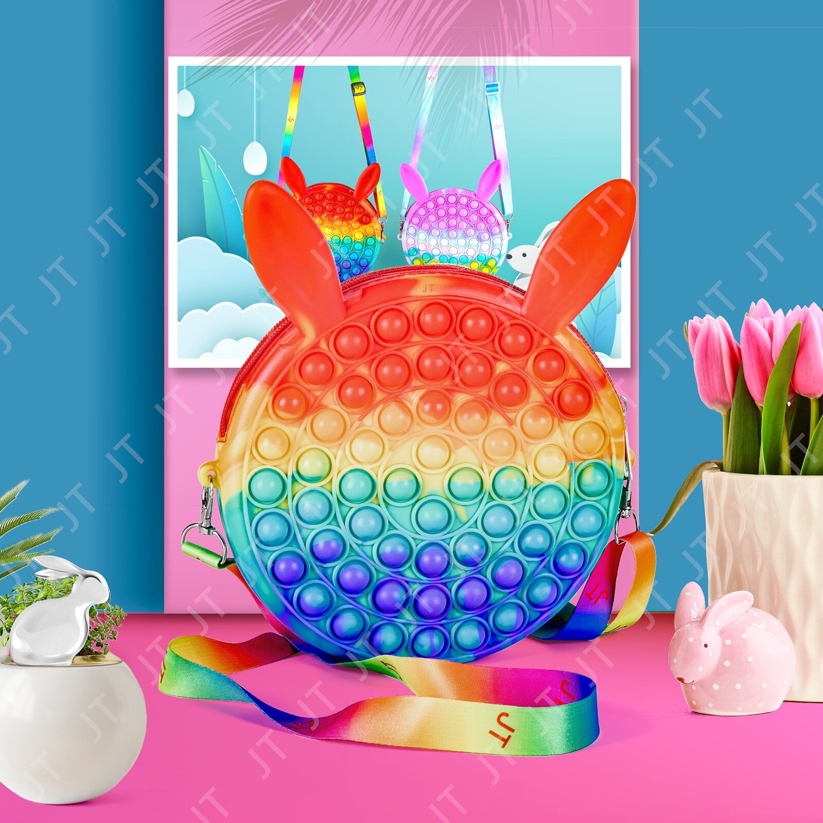 Jucarie antistres din silicon Flippy, Geanta Pop It, Iepuras, 16 cm ...