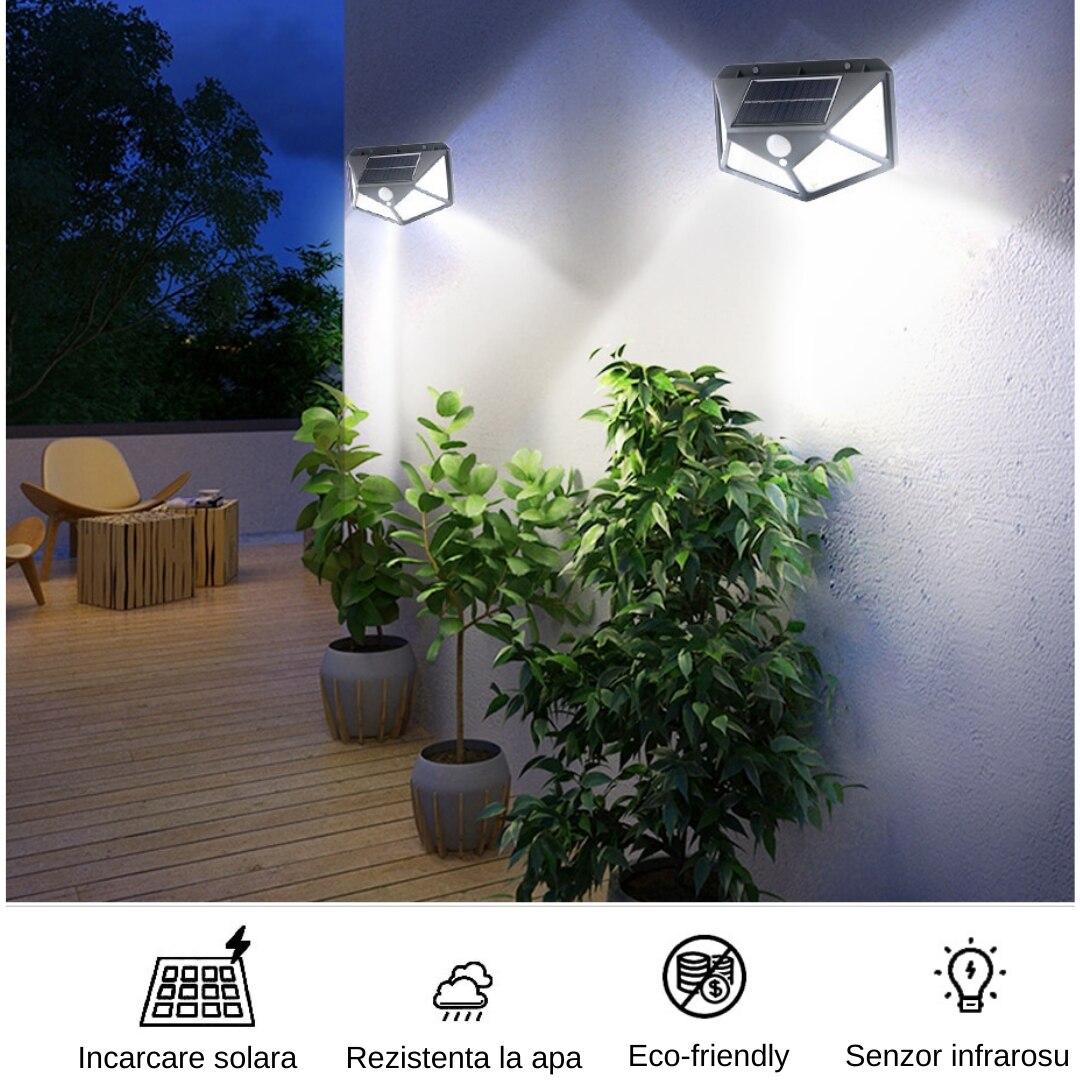 Set 2 Lampi Solare cu senzor de miscare, 100 x LED SMD, 3 moduri de ...