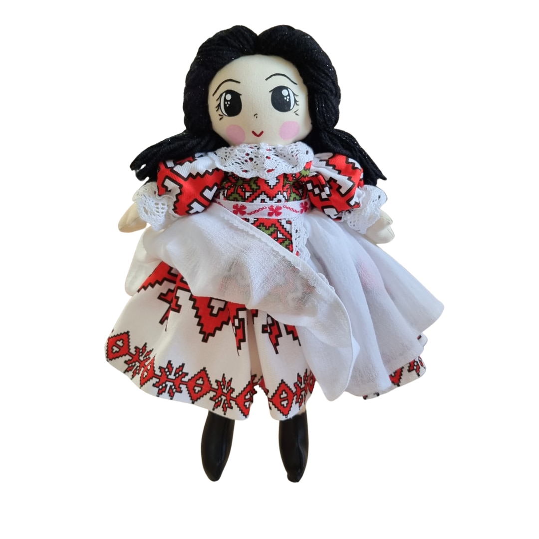 Papusa handmade traditionala Romancuta, bruneta, rochie motive ...