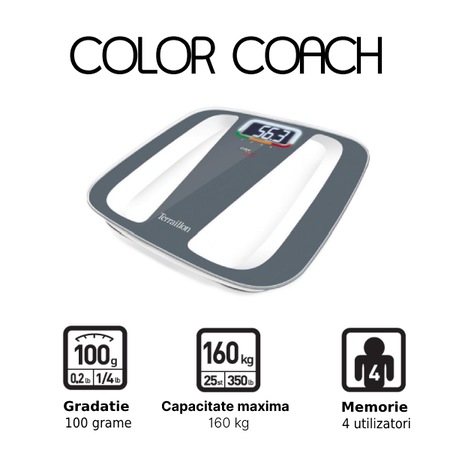 Elektronikus testmérleg, Terraillon Color Coach, 160 kg, 4 felhasználó ...