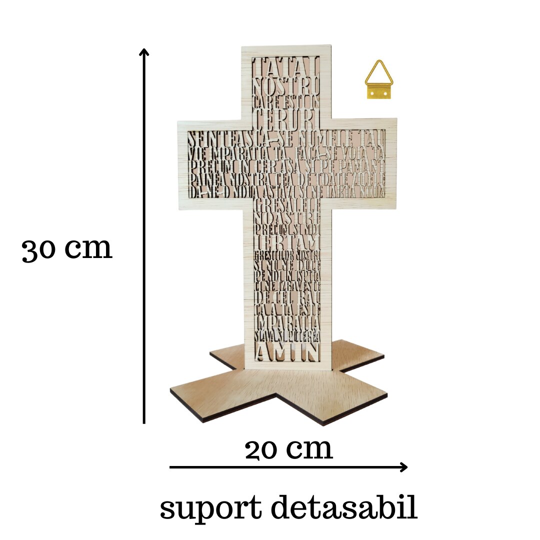 Cruce rugaciune Tatal Nostru, cu suport si agatatoare, 3D din lemn cu ...