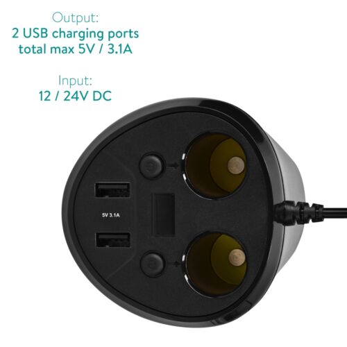 Adaptor auto cu 2 prize si 2 porturi USB Navaris, 12V, 24V, Afisaj LED, Negru, 49581.01 - eMAG.ro