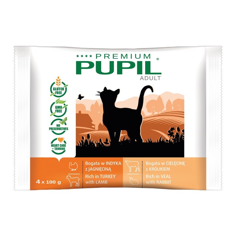 Nedves táp macskáknak, pupilla, pulyka/bárány/borjú/nyúl, 4x100 g - eMAG.hu