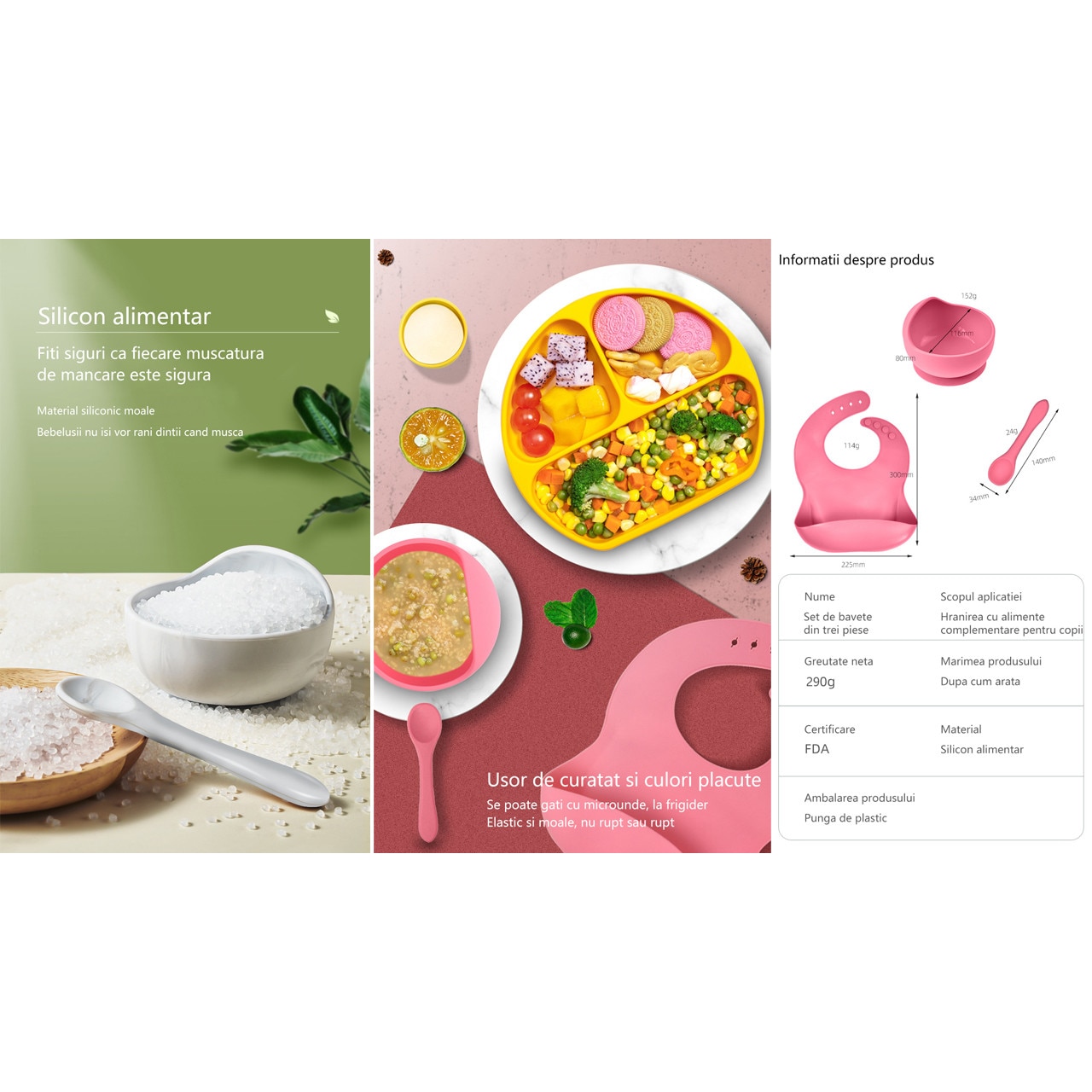 Set hranire bebe din silicon, 1 baveta, 1 bol, 1 lingura, roz - eMAG.ro