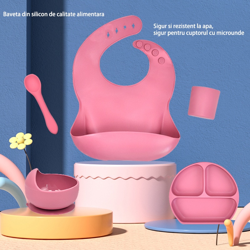 Set hranire bebe din silicon, 1 baveta, 1 bol, 1 lingura, roz - eMAG.ro