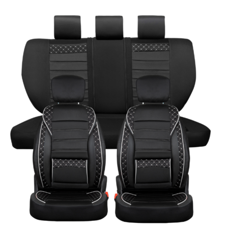 Set Huse Auto Premium, Eco piele si textil, 12 piese, Negru/Alb - eMAG.ro