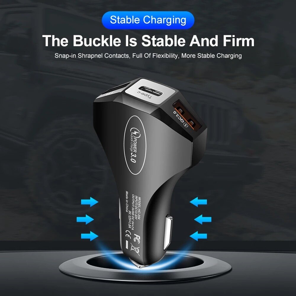 Incarcator Auto Inteligent OZ Premium cu 3 Porturi, 1xTYPE-C 3.1A si ...