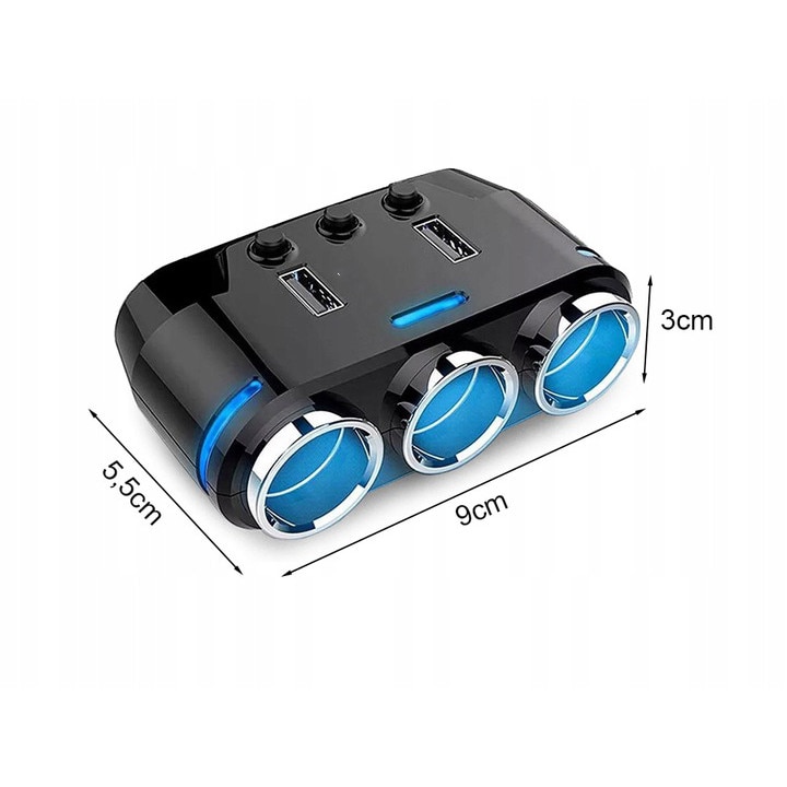 Adaptor bricheta USB, Zola®, 2 porturi USB, 3 prize pentru bricheta, 12 ...