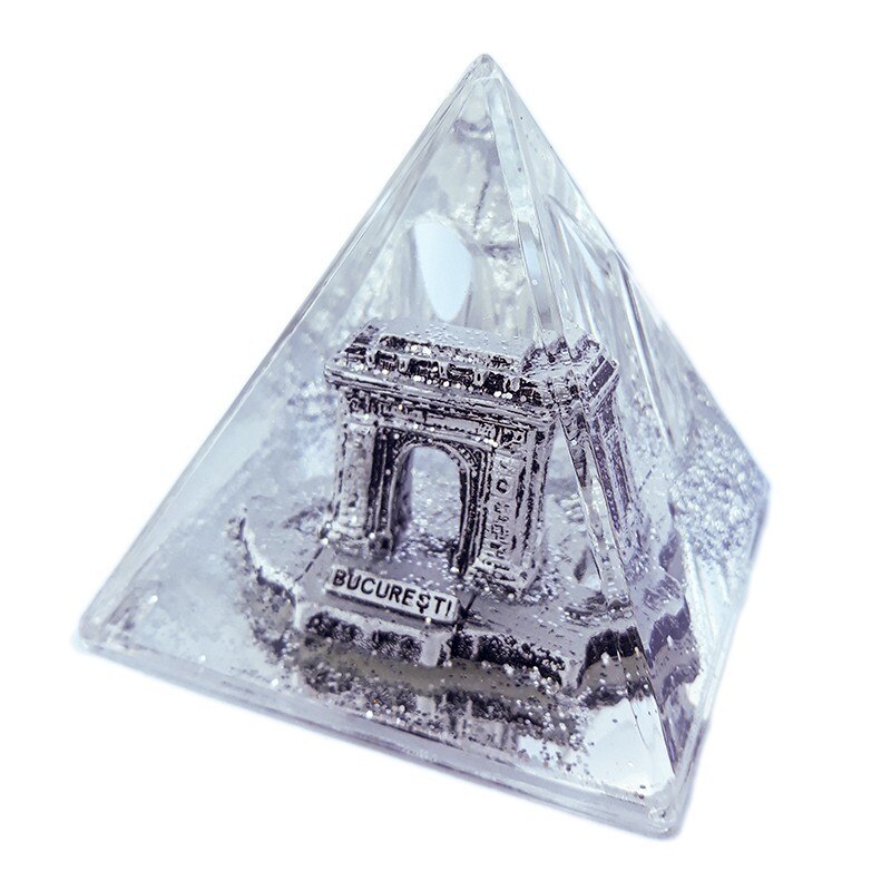 Piramida din plastic, cu lichid, cu Arcul de Triumf, argintiu, 8x8 cm ...