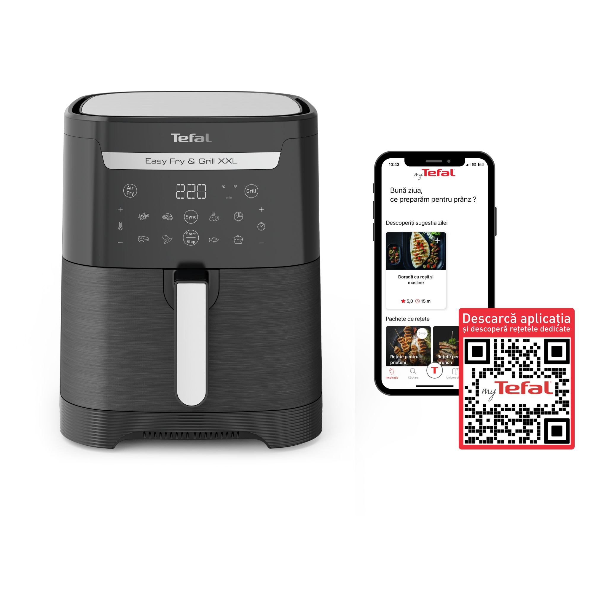 Friteuza cu aer cald Tefal EasyFry & Grill XXL EY801815, 1830W, capacitate 6.5L, functie grill ...