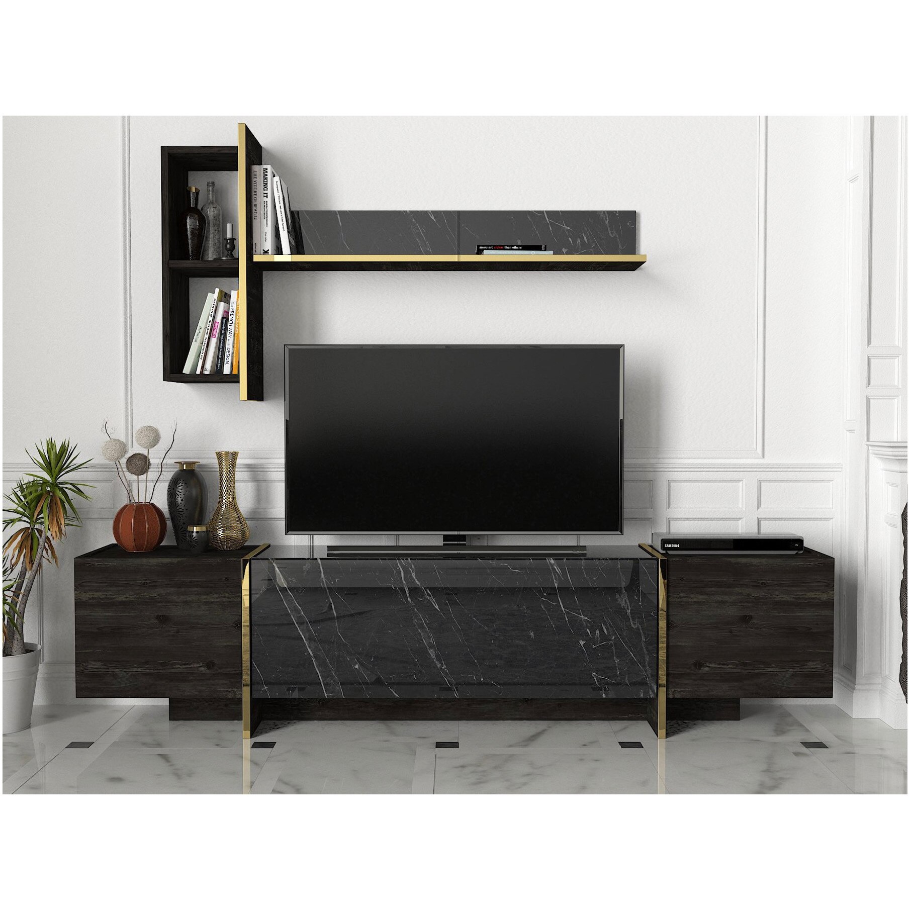 Comoda TV Kalune Design Vienna, PAL, 180x32.3x45cm, Negru/Auriu - eMAG.ro