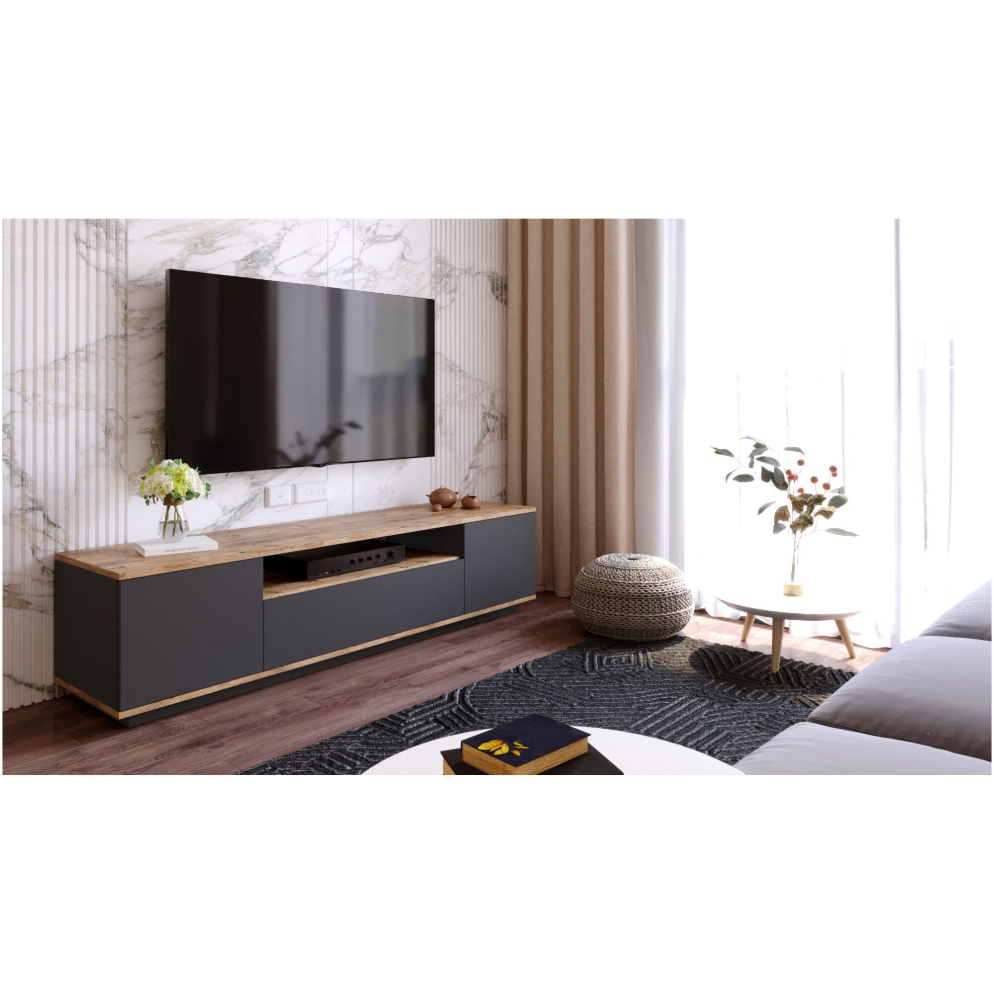 Comoda TV Kalune Design Fresia, PAL, 180x44.5x44.6, Pin/Antracit - eMAG.ro
