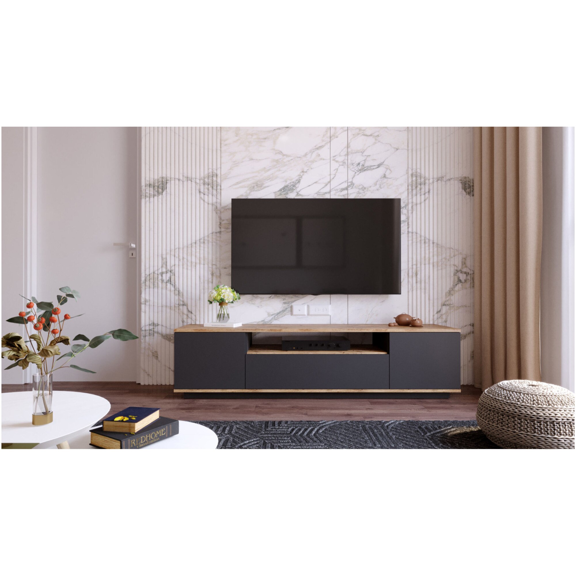 Comoda TV Kalune Design Fresia, PAL, 180x44.5x44.6, Pin/Antracit - eMAG.ro