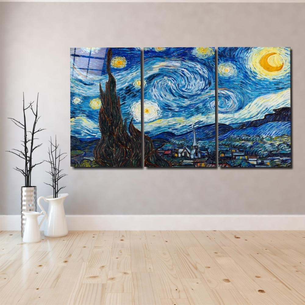 Set 3 Tablouri, Sticla securizata, 110 x 70 cm, Model "Noapte instelata ...