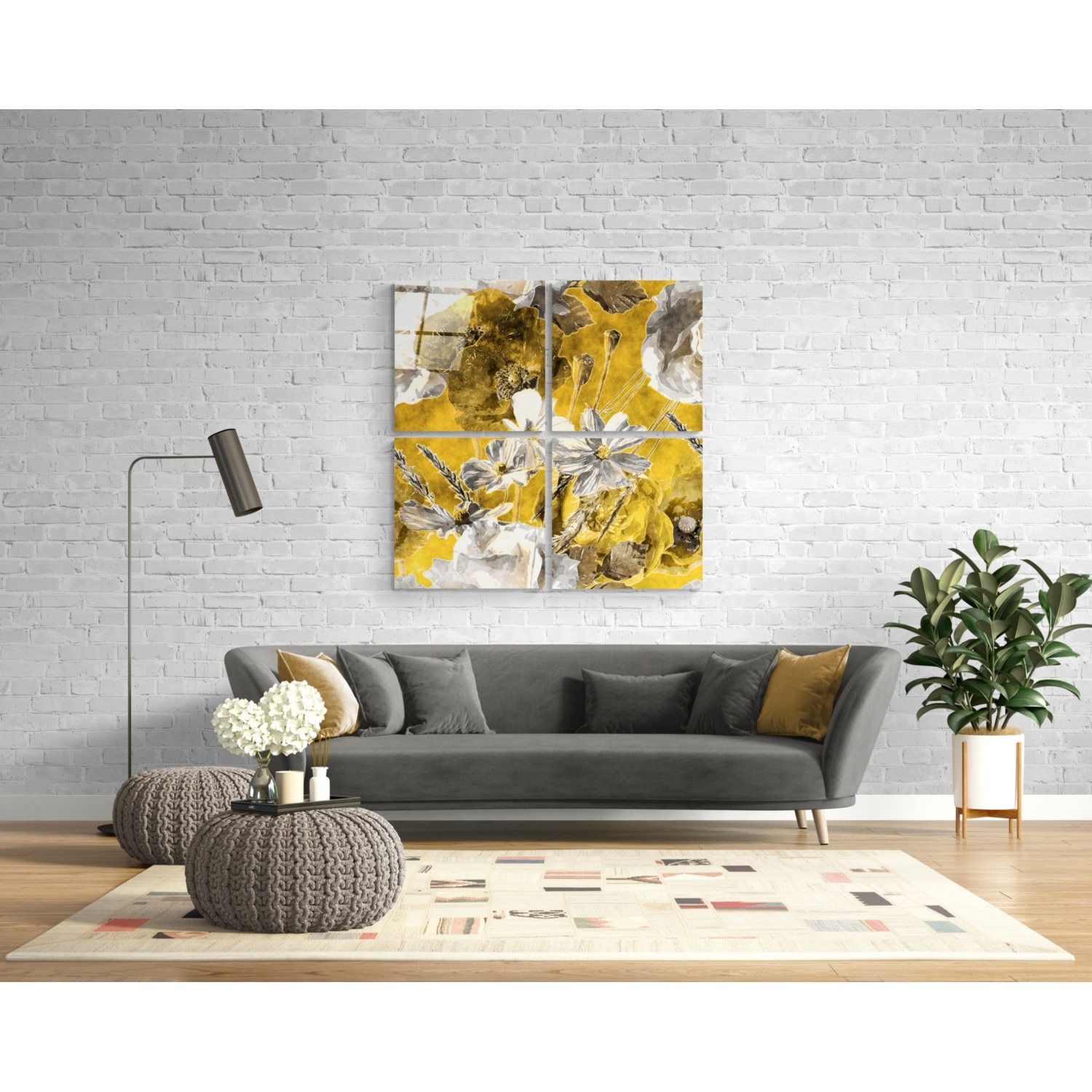 Set 4 Tablouri, Sticla securizata, 60 x 60 cm, Model Flori, Galben/Alb ...