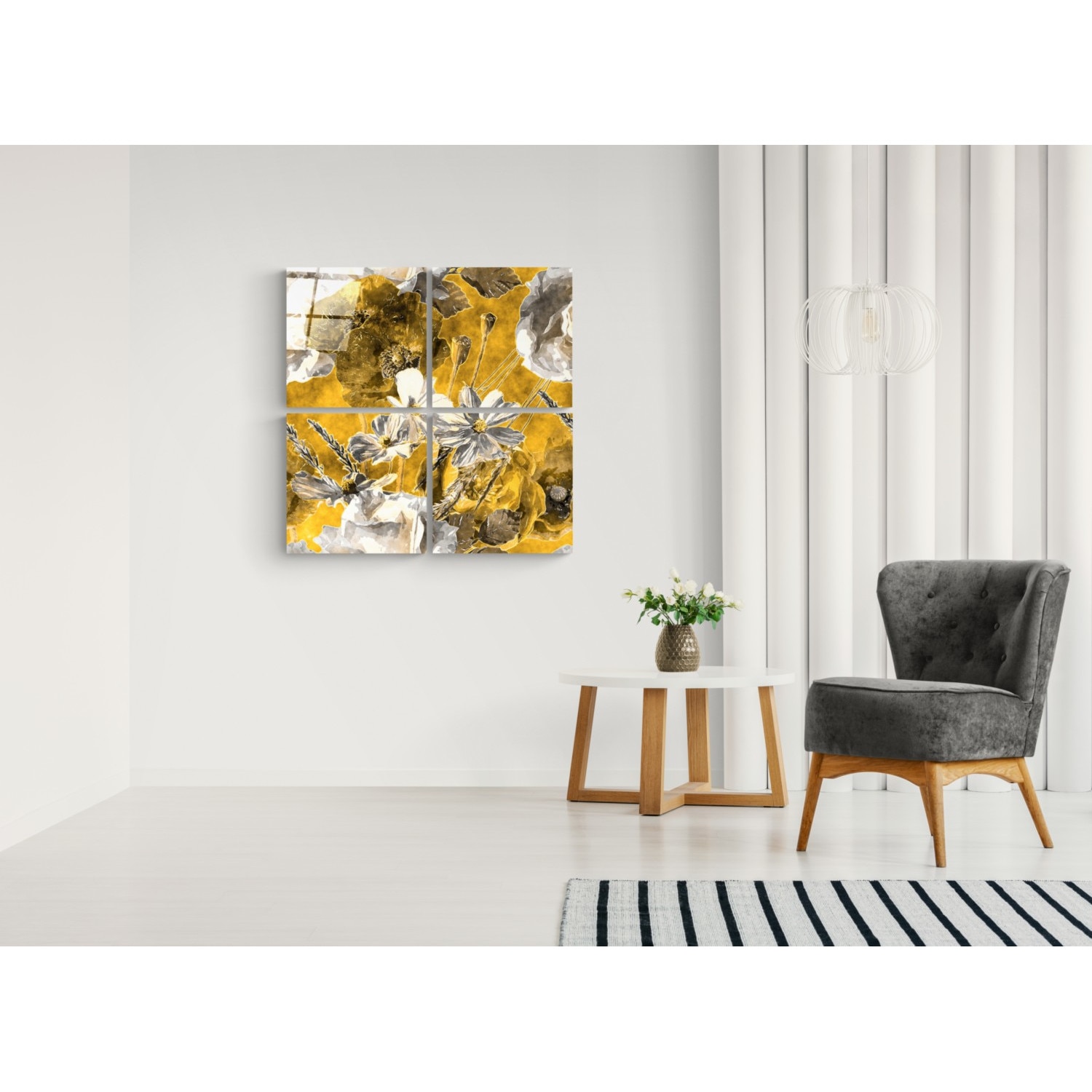 Set 4 Tablouri, Sticla securizata, 60 x 60 cm, Model Flori, Galben/Alb ...