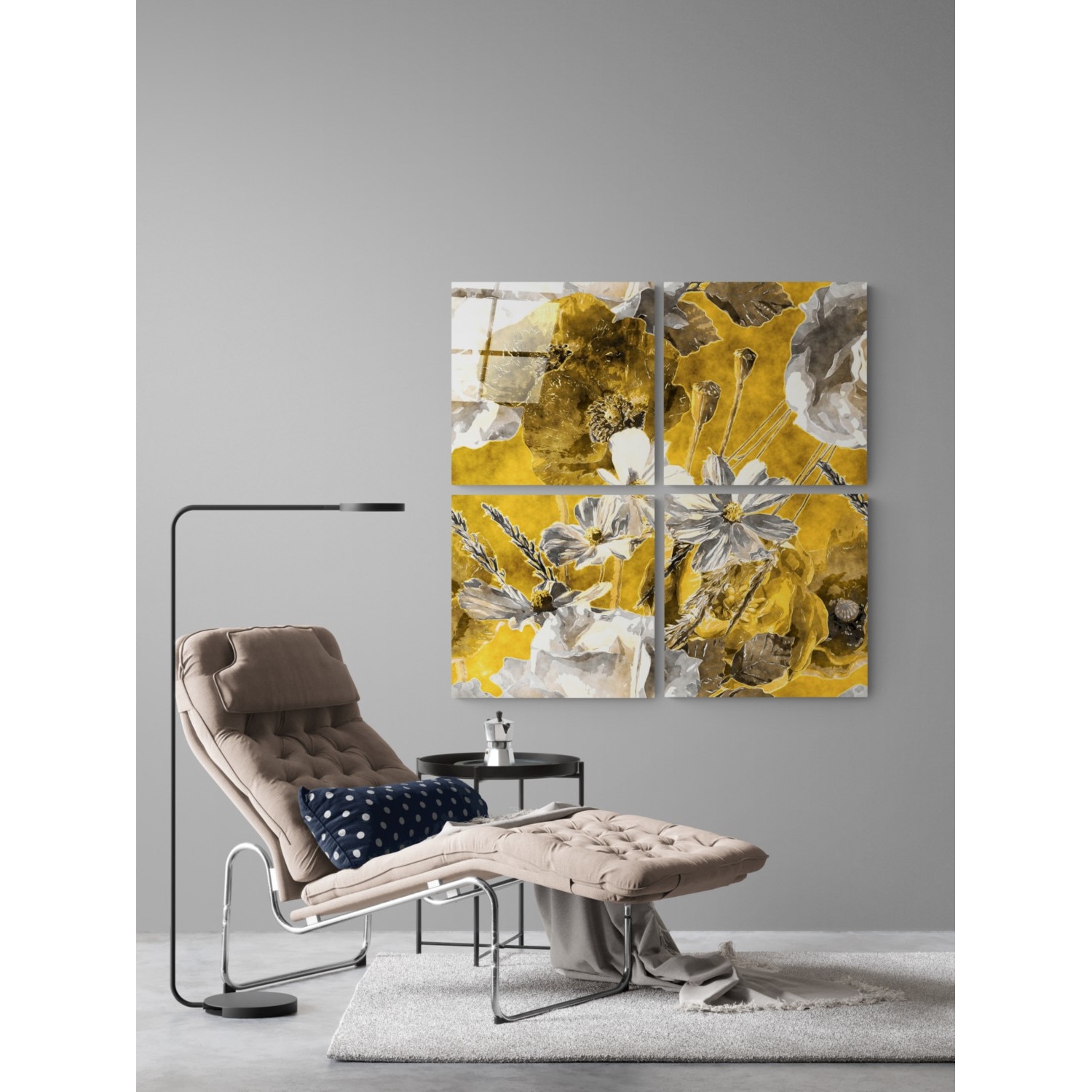 Set 4 Tablouri, Sticla securizata, 60 x 60 cm, Model Flori, Galben/Alb ...